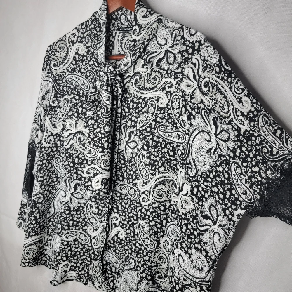 Express | Tops | Express Paisley Blouse Black White Lace Trim Tie Neck ...